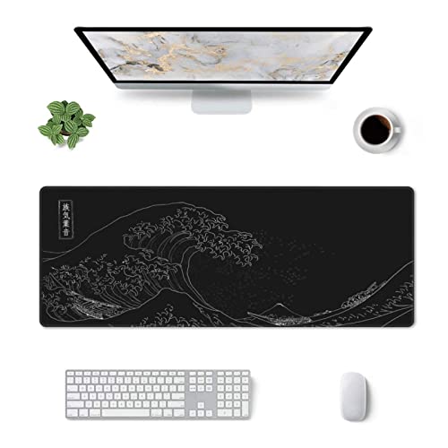 Extended Large Anime Black Mouse Pad The Great Wave off Kanagawa Painting Big Gaming Mouse Mat XXL Non-Slip Water-Resistant Rubber Base Computer Keyboard Mat Full Desk Mousepad 3D Pattern Keyboard Mat