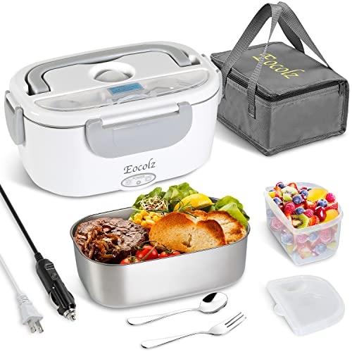 Eocolz Electric Lunch Box Food Heater Warmer 60W, 2 in 1 Portable Lunch Box for Car Truck Home Work Leak Proof with 1.5L Removable 304 Stainless Steel Container & Spoon 2 Compartments 110V 12V 24V