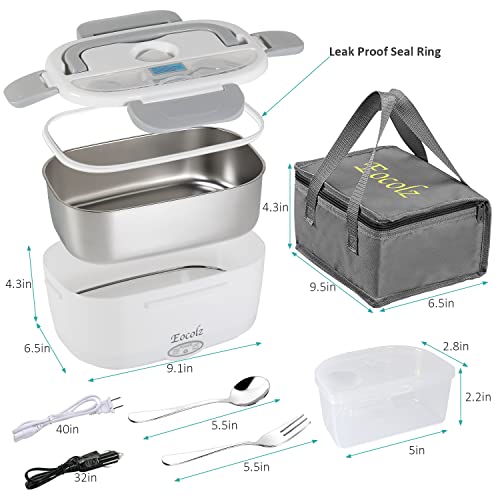 Eocolz Electric Lunch Box Food Heater Warmer 60W, 2 in 1 Portable Lunch Box for Car Truck Home Work Leak Proof with 1.5L Removable 304 Stainless Steel Container & Spoon 2 Compartments 110V 12V 24V