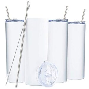 skinny tumblers (4 pack) 20oz stainless steel double wall insulated tumblers with lids and straws | skinny travel mug, straw cleaner included! reusable cup with straw | vinyl diy gifts (matte white)