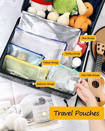 SUNEE 12pcs Mesh Zipper Pouch 11x16, Large Storage Bags for Board Game & Puzzle Organizing, Reusable Plastic Zip Organizer for Travel (A3, 6 Colors)