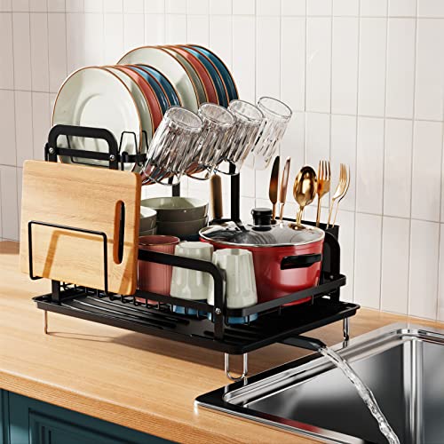 GSlife Dish Drying Rack with Drainboard - 2 Tier Rust Resistant Dish Rack for Kitchen Counter, Dish Drainer Racks Set with Utensil Holder, Cutting Board Holder, Black