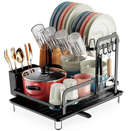 GSlife Dish Drying Rack with Drainboard - 2 Tier Rust Resistant Dish Rack for Kitchen Counter, Dish Drainer Racks Set with Utensil Holder, Cutting Board Holder, Black