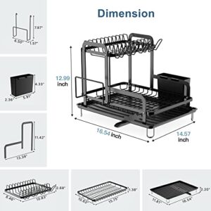 GSlife Dish Drying Rack with Drainboard - 2 Tier Rust Resistant Dish Rack for Kitchen Counter, Dish Drainer Racks Set with Utensil Holder, Cutting Board Holder, Black