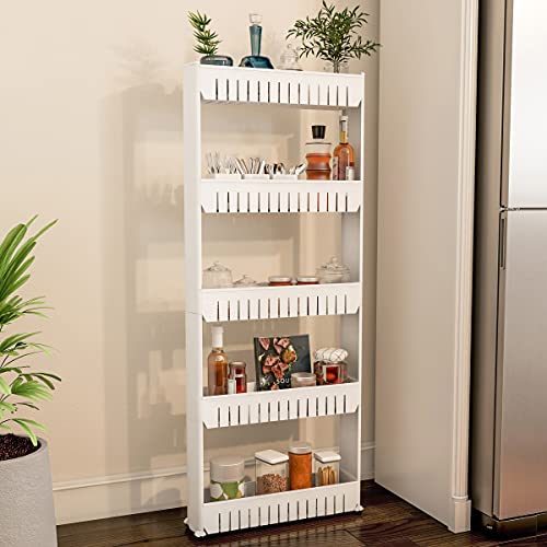 Mobile Shelving Unit Organizer with 5 Large Storage Baskets, Slim Slide Out Pantry Rack for Narrow Spaces by Everyday Home