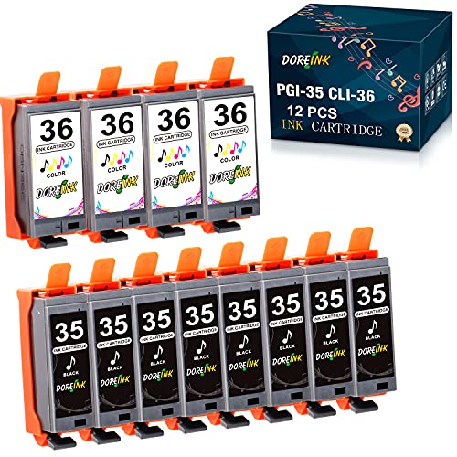 DOREINK 35 36 Compatible PGI-35 CLI-36 Ink Cartridge for Canon PGI-35 CLI-36 PGI35 CLI36 to use with Pixma iP110 iP100 TR150 Mini260 Mini320 Printer(8 Black, 4 Tri-Color) 12 Pack