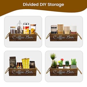 Coffee Station Organizer - 3 Removable Dividers, Wooden Coffee Bar Accessories Storage Container For Countertop, Farmhouse Kcup Coffee Pod Holder Basket With Handle For Coffee Lover