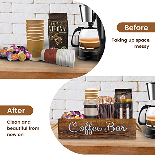 Coffee Station Organizer - 3 Removable Dividers, Wooden Coffee Bar Accessories Storage Container For Countertop, Farmhouse Kcup Coffee Pod Holder Basket With Handle For Coffee Lover