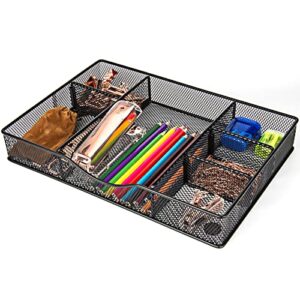 vygrow desk drawer organizer tray, metal mesh drawer organizers office, 6 adjustable compartment, desk organizer tray for home office 12.87×8.73×1.96 inch, black, 1 pack