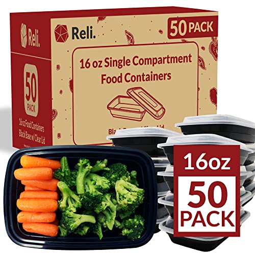 Reli. Meal Prep Containers, 16 oz. | 50 Pack | 1 Compartment Food Container w/Lids | Microwavable Food Storage Containers/To Go | Black Reusable Bento Box/Lunch Box Containers for Food/Meal Prep