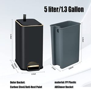 Small Bathroom Trash Can with Lid-5L/1.3 Gal Stainless Steel Step Pedal Trash Can Slim Metal Wastebasket-Narrow Rectangle Garbage Container Bin/w Inner Bucket for Kitchen Bedroom Office Toilet-Black