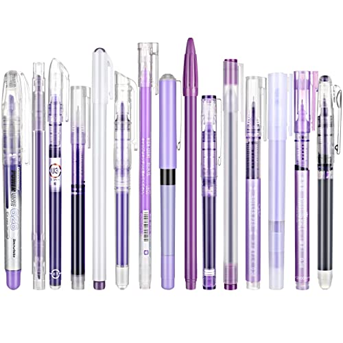 15 Pieces Purple Color Gel Ink Pen Set Quick-Drying, Liquid Ink Rollerball, Medium Point Fluorescent Purple Pens for Offices Schools Stationery Supplies Children Students Teacher