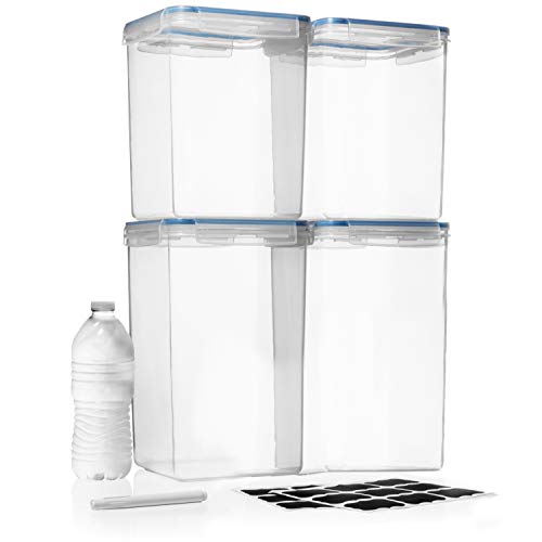 XXL 6.5L / 250 Oz x 2 & XL 5.2L / 175 Oz x 2 - WIDE & DEEP Food Storage Airtight Containers [Set of 4] + Free 4 Measuring Cups + Labels - Ideal for Sugar, Flour Leakproof BPA Free Clear Plastic