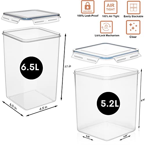 XXL 6.5L / 250 Oz x 2 & XL 5.2L / 175 Oz x 2 - WIDE & DEEP Food Storage Airtight Containers [Set of 4] + Free 4 Measuring Cups + Labels - Ideal for Sugar, Flour Leakproof BPA Free Clear Plastic