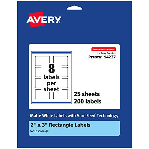 Avery Matte White Rectangle Labels with Sure Feed, 2" x 3", 200 Matte White Printable Labels