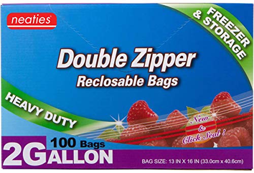 Neaties Heavy Duty 2 Gallon Double Zip Lock Bags for Kitchen or Storage, Food Storage Freezer Slider Bags 13"x16", 100pcs