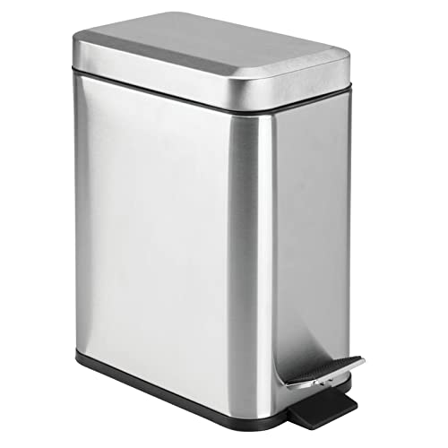 mDesign Small Modern 1.3 Gallon Rectangle Metal Lidded Step Trash Can, Compact Garbage Bin with Removable Liner Bucket and Handle for Bathroom, Kitchen, Craft Room, Office, Garage - Brushed Chrome