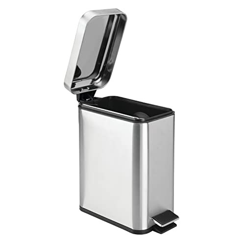 mDesign Small Modern 1.3 Gallon Rectangle Metal Lidded Step Trash Can, Compact Garbage Bin with Removable Liner Bucket and Handle for Bathroom, Kitchen, Craft Room, Office, Garage - Brushed Chrome