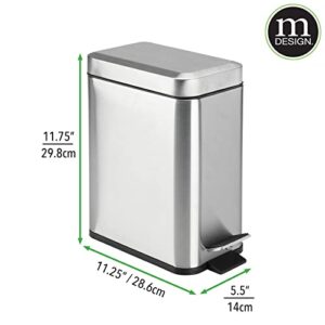 mDesign Small Modern 1.3 Gallon Rectangle Metal Lidded Step Trash Can, Compact Garbage Bin with Removable Liner Bucket and Handle for Bathroom, Kitchen, Craft Room, Office, Garage - Brushed Chrome