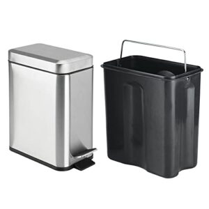 mDesign Small Modern 1.3 Gallon Rectangle Metal Lidded Step Trash Can, Compact Garbage Bin with Removable Liner Bucket and Handle for Bathroom, Kitchen, Craft Room, Office, Garage - Brushed Chrome