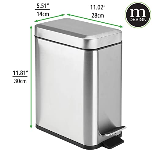 mDesign Small Modern 1.3 Gallon Rectangle Metal Lidded Step Trash Can, Compact Garbage Bin with Removable Liner Bucket and Handle for Bathroom, Kitchen, Craft Room, Office, Garage - Brushed Chrome