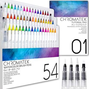 54 watercolor pens, 15 page pad & online video tutorial series by chromatek. real brush pens. 4 blending brushes. easily blendable. vivid. smooth. 50 unique colors. professional art supplies