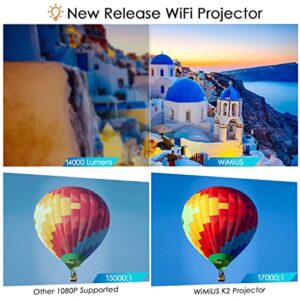 WiFi Projector Support 5.2 Bluetooth Transmitter, WiMiUS K2 Mini Projector 1080P and 4K Support, 300’’ Screen Zoom Compatible with Smartphone (Wirelessly) PC TV Stick Chromecast PS5