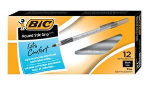 bic round stic grip xtra comfort ballpoint pen, fine point (0.8mm), black, 12-count