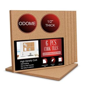 odome cork board tiles 12”x 12” – 1/2” thick cork board – bulletin board – pin board decoration for pictures,ultra strength adhesive backing – 6 pieces cork boards for walls – 1 box push pins