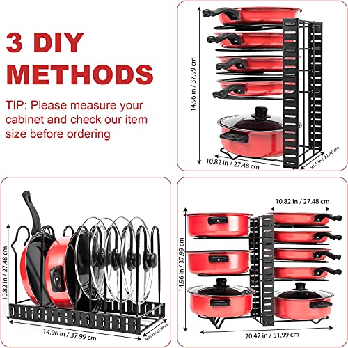 The Fine Living Co. 8 Tier, 3 DIY Methods Pots and Pans Metal Organizer for Cabinet, Pot Storage Organizer Rack, Pan Pot Rack for Kitchen Cabinet Organizer and Storage (Black)