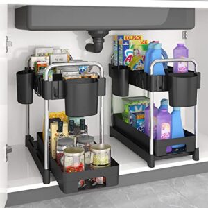 luyata 2 pack under sink organizer, 2-tier pull out under sink cabinet organizer, sliding drawer basket storage organizer shelf for kitchen bathroom, with hooks, hanging cup, dividers, black