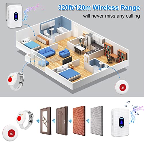 Daytech Wireless Caregiver Pager Call Button Elderly Medical Nurse Alert System for Elderly Monitoring/Seniors with 2 SOS Call Panic Buttons & 2 Watch Pagers, 500+Feet 3 Receivers