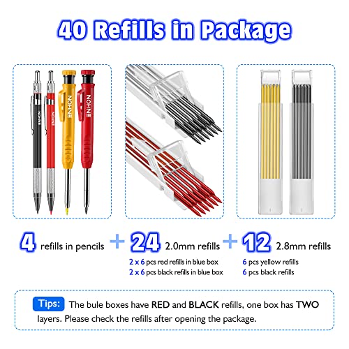 Enhon Mechanical Carpenter Pencils Kit with 40 Refills, 4 PCS Colorful Deep Hole Woodworking Pencils with Built-in Sharpener, Carpentry Marking Scribe Tools for Architect Construction