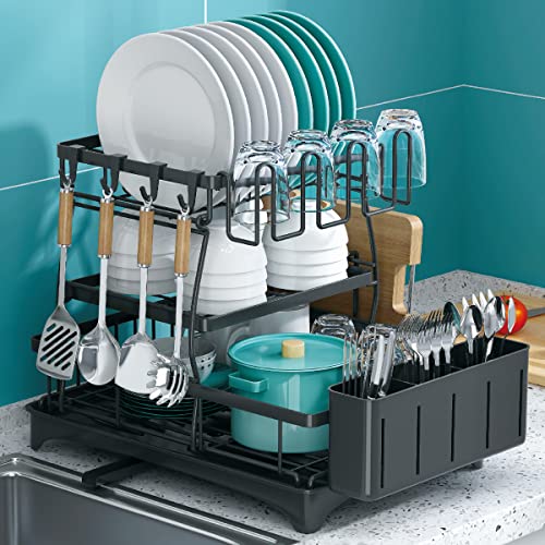 Decmerry 3-Tier Dish Drying Rack with Drainboard, Metal Dish Drainers Rack for Kitchen Counter with Cutlery Rack and Cup Holders, Large Capacity Dish Organizer Shelf（Black）