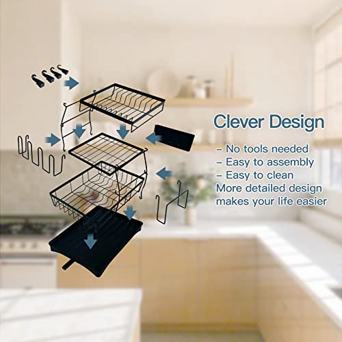 Decmerry 3-Tier Dish Drying Rack with Drainboard, Metal Dish Drainers Rack for Kitchen Counter with Cutlery Rack and Cup Holders, Large Capacity Dish Organizer Shelf（Black）