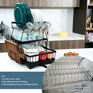 Decmerry 3-Tier Dish Drying Rack with Drainboard, Metal Dish Drainers Rack for Kitchen Counter with Cutlery Rack and Cup Holders, Large Capacity Dish Organizer Shelf（Black）