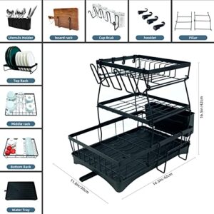 Decmerry 3-Tier Dish Drying Rack with Drainboard, Metal Dish Drainers Rack for Kitchen Counter with Cutlery Rack and Cup Holders, Large Capacity Dish Organizer Shelf（Black）