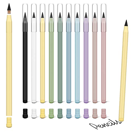 Ainiv 10 PCS Inkless Magic Pencil Everlasting Pencil Eternal with Macaron Eraser, Infinity Reusable Pencil for Writing Drawing with Extra 10 Erasers,Cute Morandi Pencils Home Office School Supplies