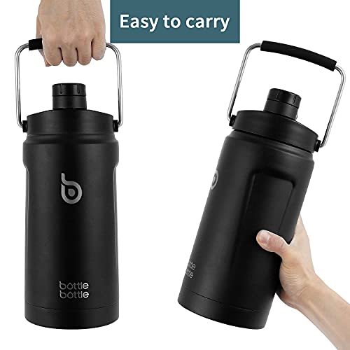 BOTTLE BOTTLE Insulated Water Bottle 64 oz with Straw and Dual-use Lid Half Gallon Water Jug Vacuum Stainless Steel for Workout and Sports Insulated Beer Growler with Handle（Black）