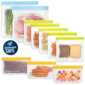 10 pack dishwasher safe reusable food storage bags (5 reusable sandwich bags, 3 reusable snack bags, 2 freezer gallon bags), extra thick leakproof silicone free plastic bags