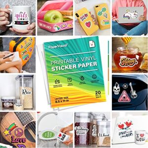 PAPERVISUAL Printable Permanent Vinyl Paper - 20 Sticker Sheets For Printer - Matte White Waterproof Sticker Paper - Thick Tear-Resistant Sticker Printer Paper - Laser, Inkjet Printable Sticker Paper