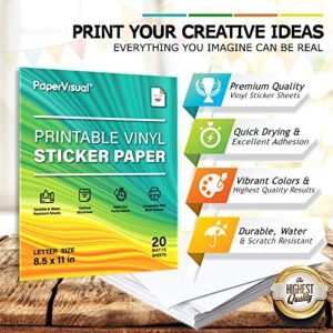 PAPERVISUAL Printable Permanent Vinyl Paper - 20 Sticker Sheets For Printer - Matte White Waterproof Sticker Paper - Thick Tear-Resistant Sticker Printer Paper - Laser, Inkjet Printable Sticker Paper