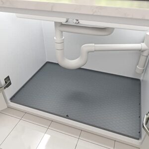 under sink mat, 34″ x 22″ silicone under sink liner, waterproof shelf liner with drain hole, kitchen bathroom cabinet mat (grey)