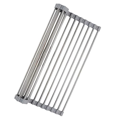 HIGEEK Roll Up Dish Drying Rack Over The Sink Dish Rack Kitchen Rolling Dish Drainer Over Sink, Foldable Sink Rack Mat Stainless Steel Wire Dish Drying Rack for Kitchen Sink Counter (17.5''x11.8'')