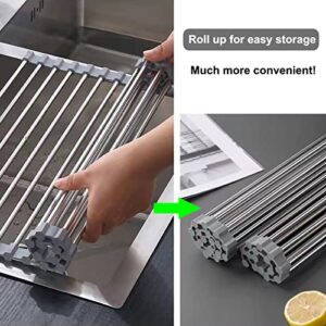 HIGEEK Roll Up Dish Drying Rack Over The Sink Dish Rack Kitchen Rolling Dish Drainer Over Sink, Foldable Sink Rack Mat Stainless Steel Wire Dish Drying Rack for Kitchen Sink Counter (17.5''x11.8'')