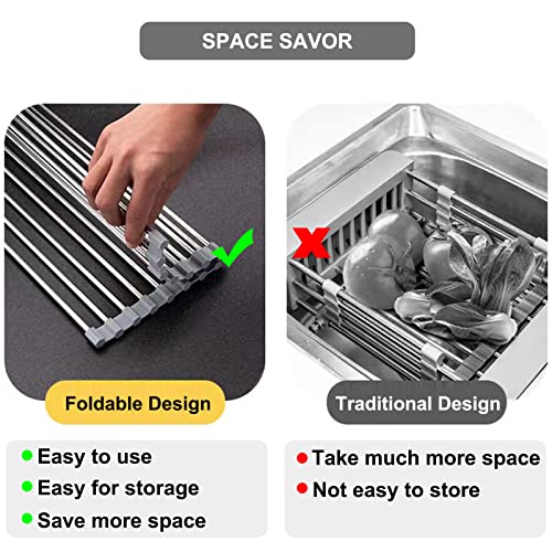 HIGEEK Roll Up Dish Drying Rack Over The Sink Dish Rack Kitchen Rolling Dish Drainer Over Sink, Foldable Sink Rack Mat Stainless Steel Wire Dish Drying Rack for Kitchen Sink Counter (17.5''x11.8'')