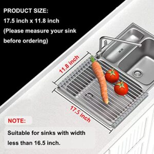 HIGEEK Roll Up Dish Drying Rack Over The Sink Dish Rack Kitchen Rolling Dish Drainer Over Sink, Foldable Sink Rack Mat Stainless Steel Wire Dish Drying Rack for Kitchen Sink Counter (17.5''x11.8'')