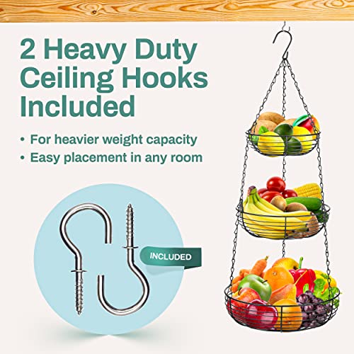 Home Intuition 3-Tier Hanging Fruit Product Basket with Heavy Duty Wire and 2 Metal Ceiling Hooks, Round, Black