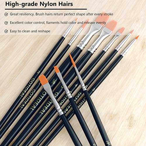 GOTIDEAL Paint Brush Set, 10 Pcs Round Pointed Tip, Small Nylon Hair Brushes for Acrylic, Watercolor, Oil and Gouache，Body, Face Nail Art, Detailing and Rock Painting, Perfect for Kids & Adult