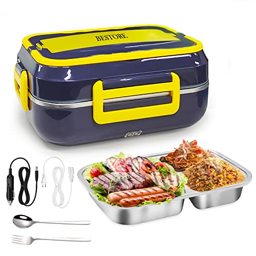 BESTORE Electric Lunch Box, 60w High-Power Portable Food Warmer Lunch Box For Car and Home, Heated Lunch Boxes For Adults with 1.5L Removable 304 Stainless Steel Container, Fork and Spoon Carry Bag